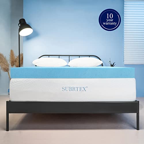 SUBRTEX 4 Inch Memory Foam Mattress Topper Ventilated Gel Infused Bed Foam Topper for Pressure Relieving, CertiPUR-US Certified, Queen, Blue