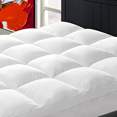 Cooling Mattress Topper Queen for Back Pain, Extra Thick Mattress Pad Cover, Plush Pillow Top Overfilled with Down Alternative, Deep Elastic Pocket, White