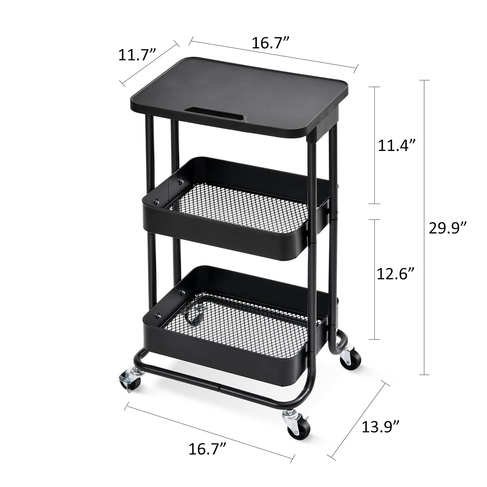 TOOLF 3-Tier Metal Rolling Storage Cart with Tabletop, Utility Rolling Carts with Wheels,Trolley Organizer with Handle for Library Office Classroom Home Bedroom, Black