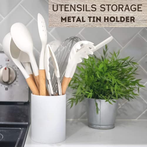 Silicone Kitchen Utensils Set | White Kitchen Utensils with Holder (11 PC) - Non Stick Kitchen Accesories for Cooking - White Kitchen Set with Wooden Handle by Five14