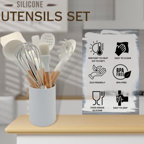 Silicone Kitchen Utensils Set | White Kitchen Utensils with Holder (11 PC) - Non Stick Kitchen Accesories for Cooking - White Kitchen Set with Wooden Handle by Five14