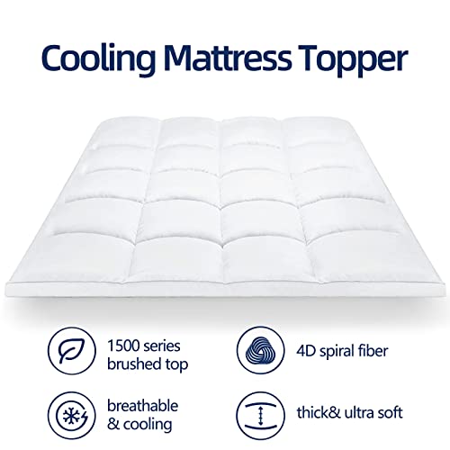 Cooling Mattress Topper Queen for Back Pain, Extra Thick Mattress Pad Cover, Plush Pillow Top Overfilled with Down Alternative, Deep Elastic Pocket, White