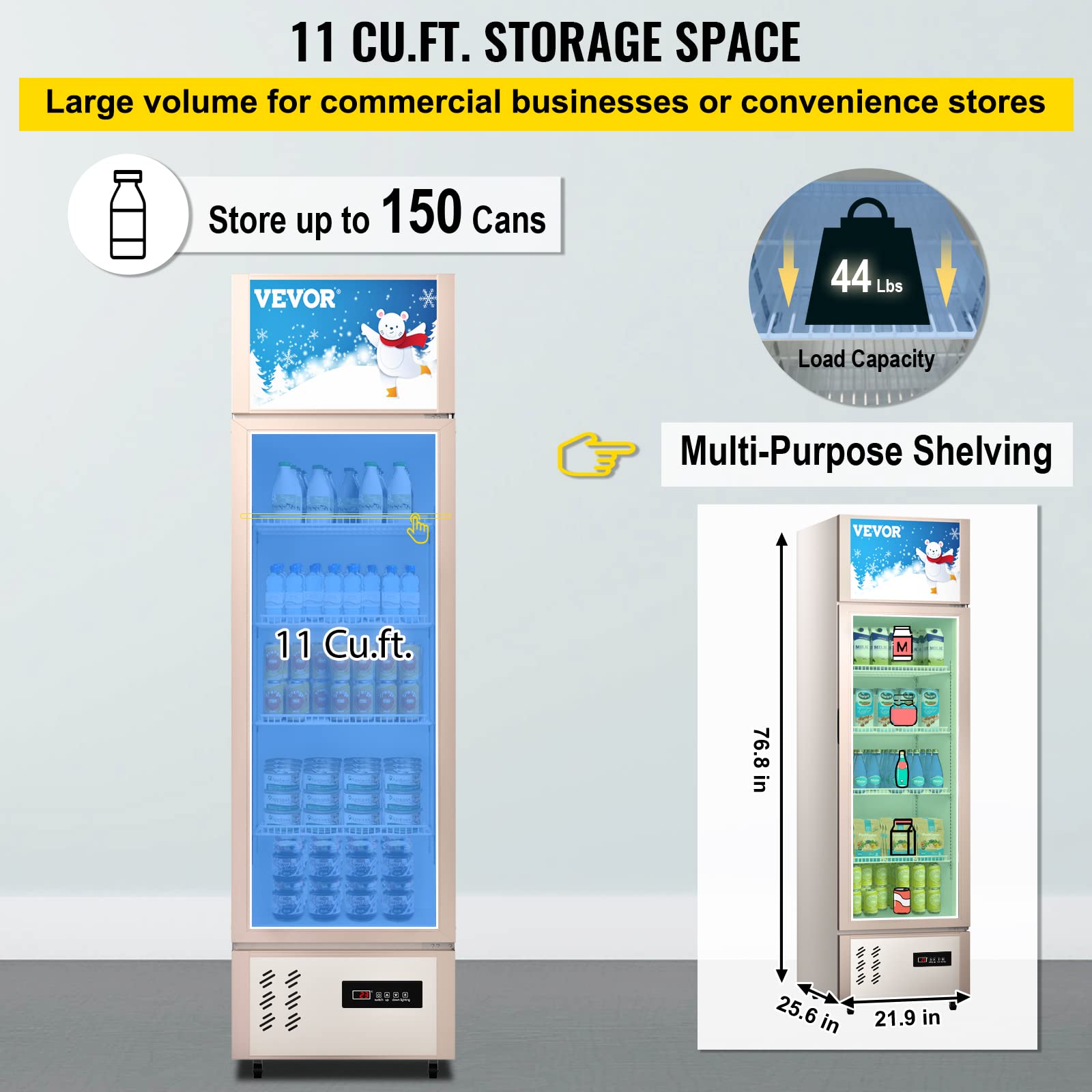 VEVOR Commercial Refrigerator,Display Fridge Upright Beverage Cooler, Glass Door with LED Light for Home, Store, Gym or Office, (11 cu.ft. Single Swing Door)