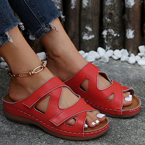 Women Foot Wear Summer Women Slippers Thick Soles Open Toe Breathable Slip On Comfortable Roman Beach Shoes (Red, 8)