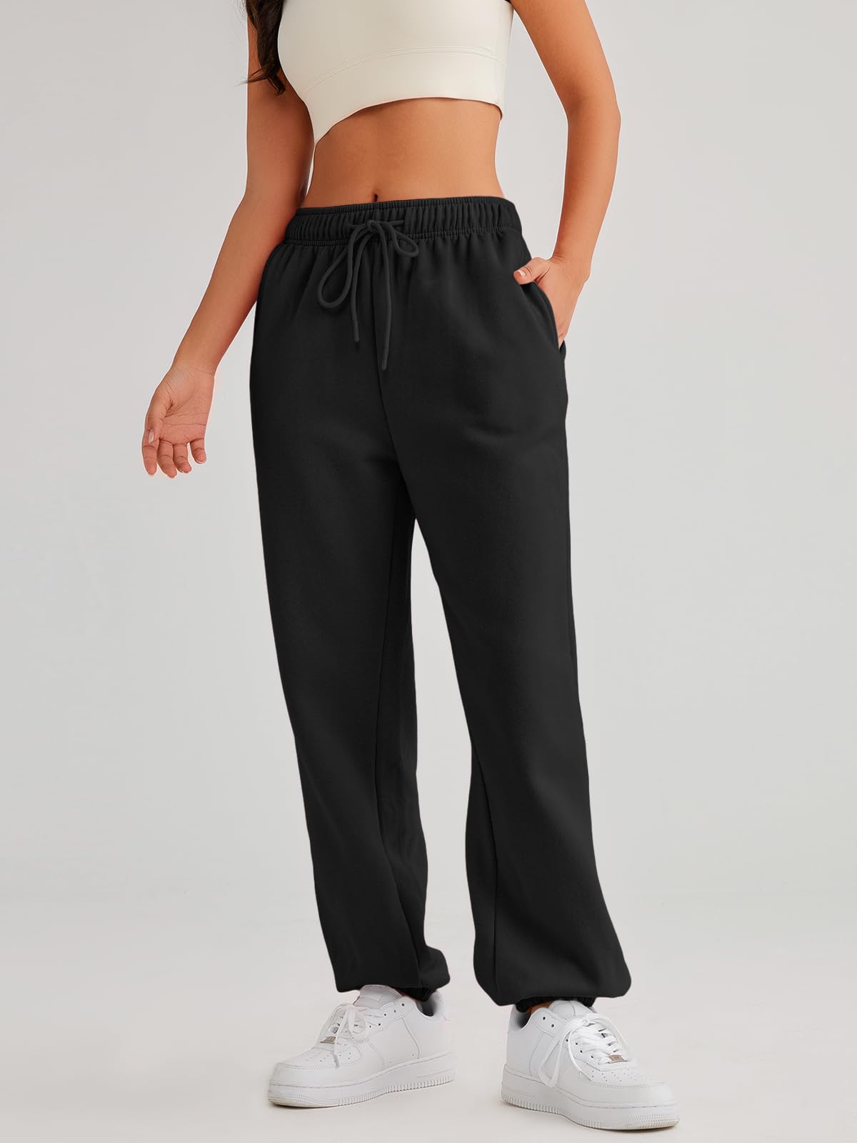 AUTOMET Womens Sweatpants Fleece Lined Fall Outfits Baggy High Waisted Straight Leg Sweat Pants 2025 Drawstring Winter Burnt Casual Athletic Lounge Joggers Black M