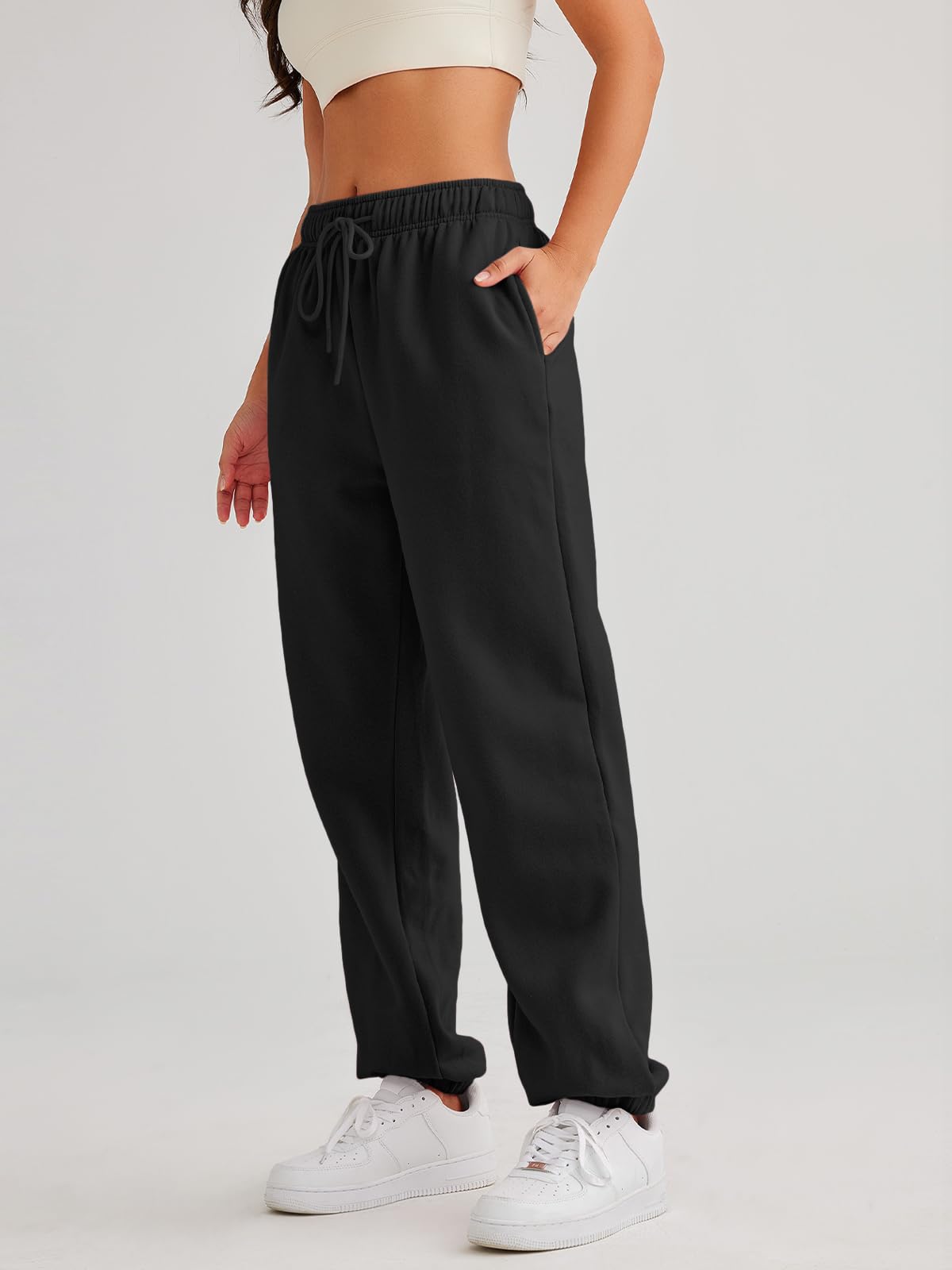 AUTOMET Womens Sweatpants Fleece Lined Fall Outfits Baggy High Waisted Straight Leg Sweat Pants 2025 Drawstring Winter Burnt Casual Athletic Lounge Joggers Black M