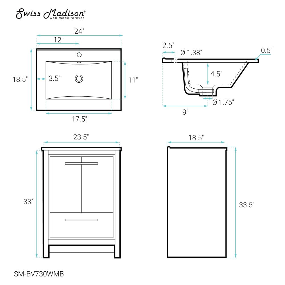 Swiss Madison Virage 24" Freestanding, Bathroom Glossy White Bath Vanity