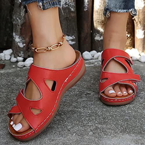 Women Foot Wear Summer Women Slippers Thick Soles Open Toe Breathable Slip On Comfortable Roman Beach Shoes (Red, 8)