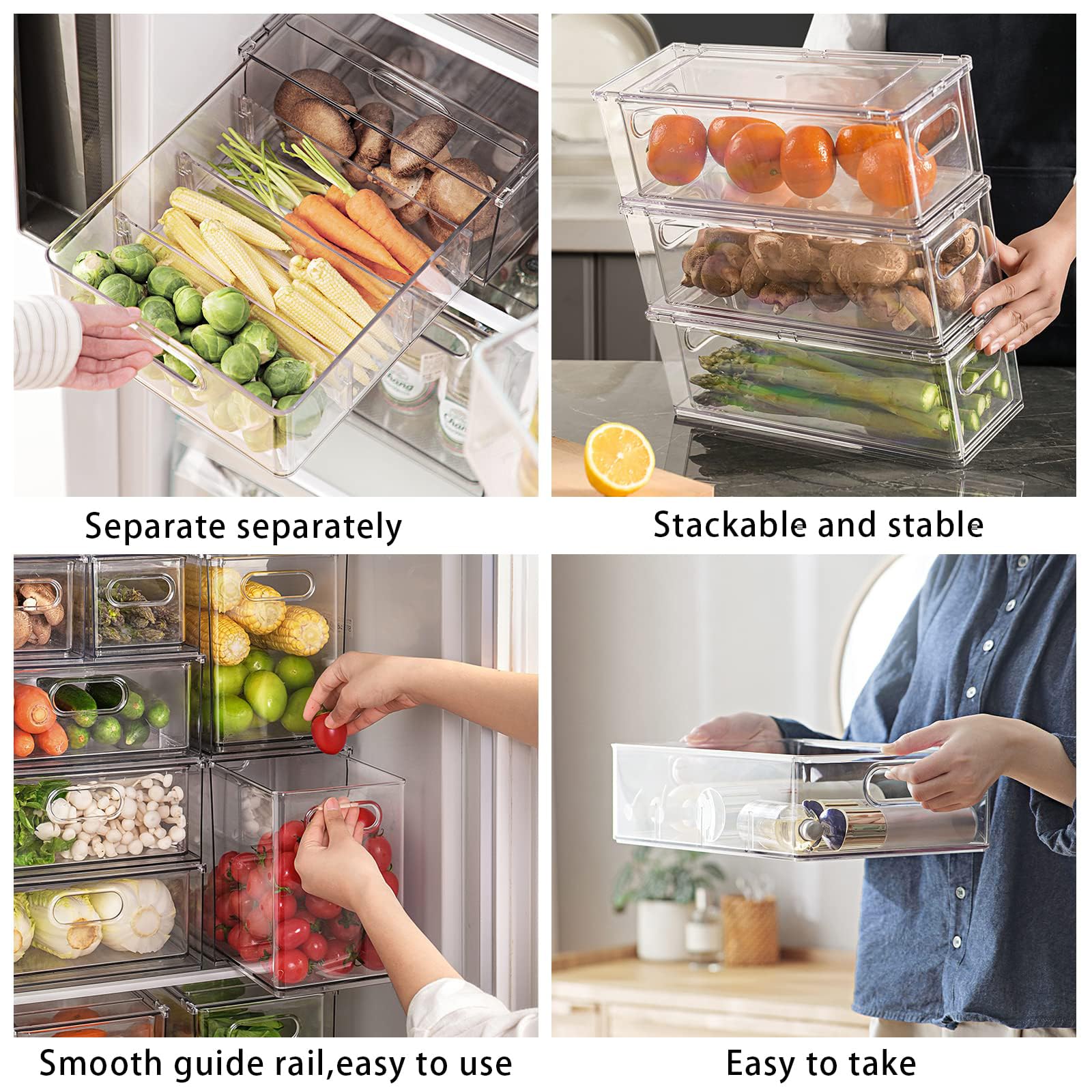 Mano Fridge Drawer Pull Out Stackable Bins with Handle Clear Refrigerator Drawers Organizer Food Storage Container Box with Dividers Plastic Produce Saver for Pantry, Cabinet, Kitchen, Clothes(4Pack)