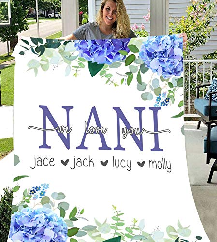 Personalized Blanket- Mom Floral Blanket, Blue Flowers Personalized Mom Gift, We Love You Grandma NANI, Blanket Gift