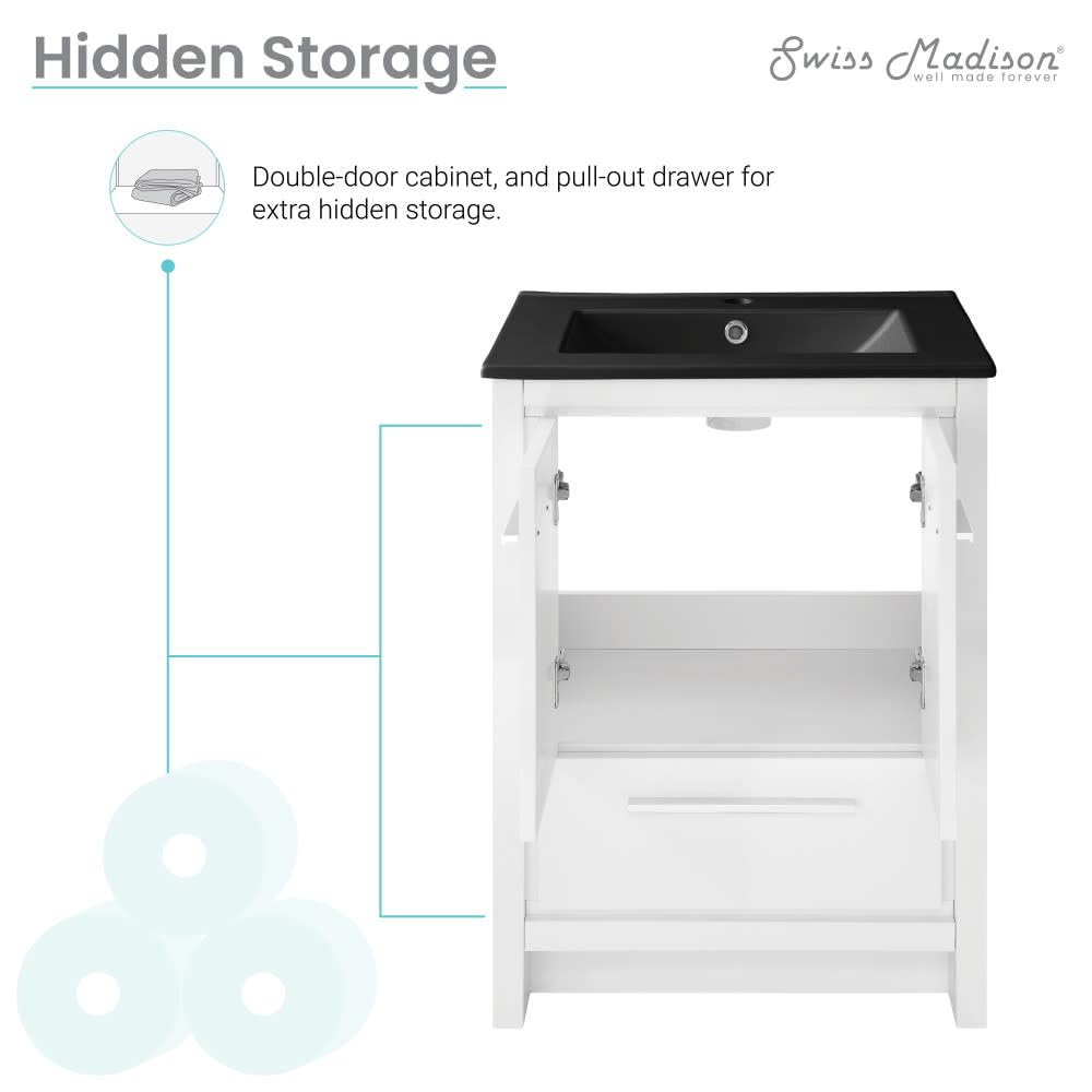 Swiss Madison Virage 24" Freestanding, Bathroom Glossy White Bath Vanity