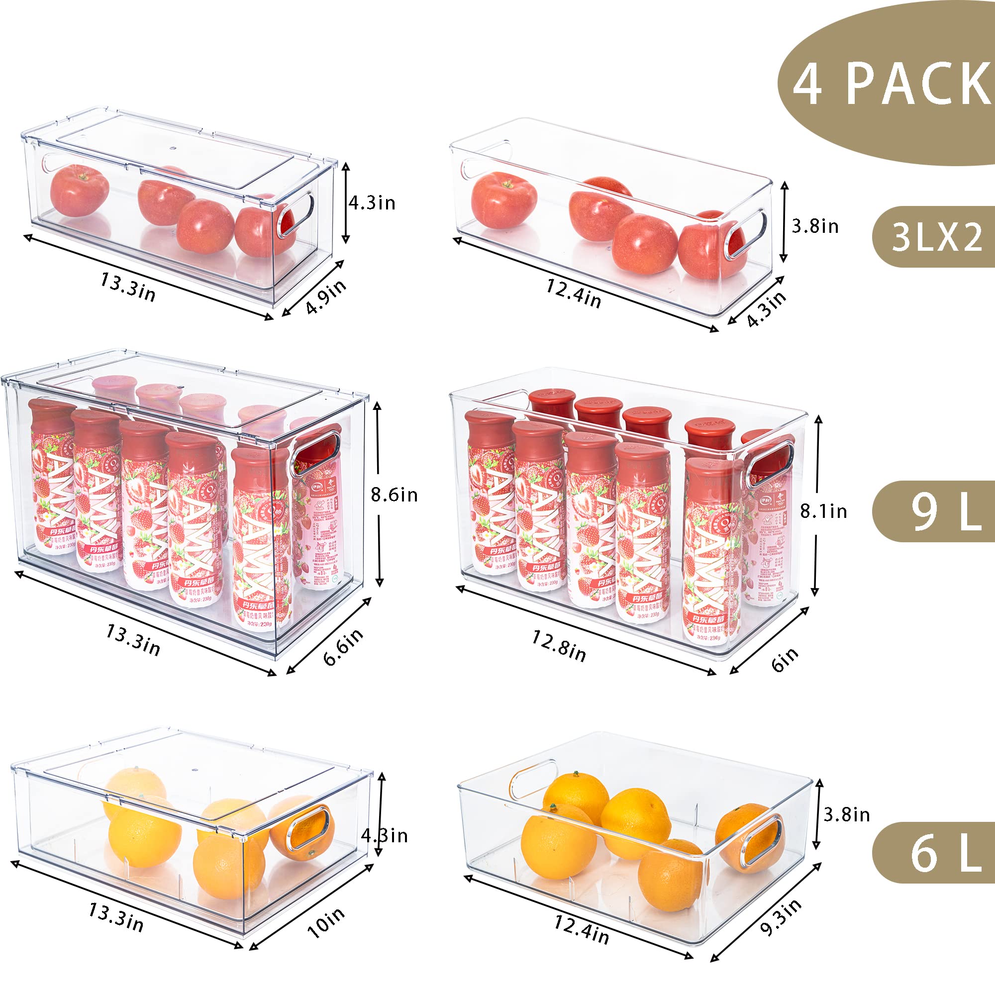 Mano Fridge Drawer Pull Out Stackable Bins with Handle Clear Refrigerator Drawers Organizer Food Storage Container Box with Dividers Plastic Produce Saver for Pantry, Cabinet, Kitchen, Clothes(4Pack)