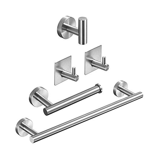 Bathroom Hardware Set, No-Drill Hooks SUS304 Stainless Steel Bathroom Accessories Kit Includes 16inch Towel Bar,3 Robe Towel Hooks,Toilet Paper Holder (Nickel)