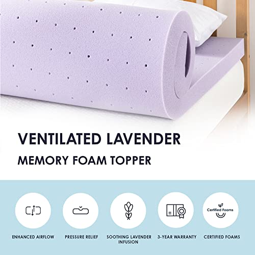 Mellow 4 Inch Ventilated Memory Foam Mattress Topper, Soothing Lavender Infusion, CertiPUR-US Certified, Queen