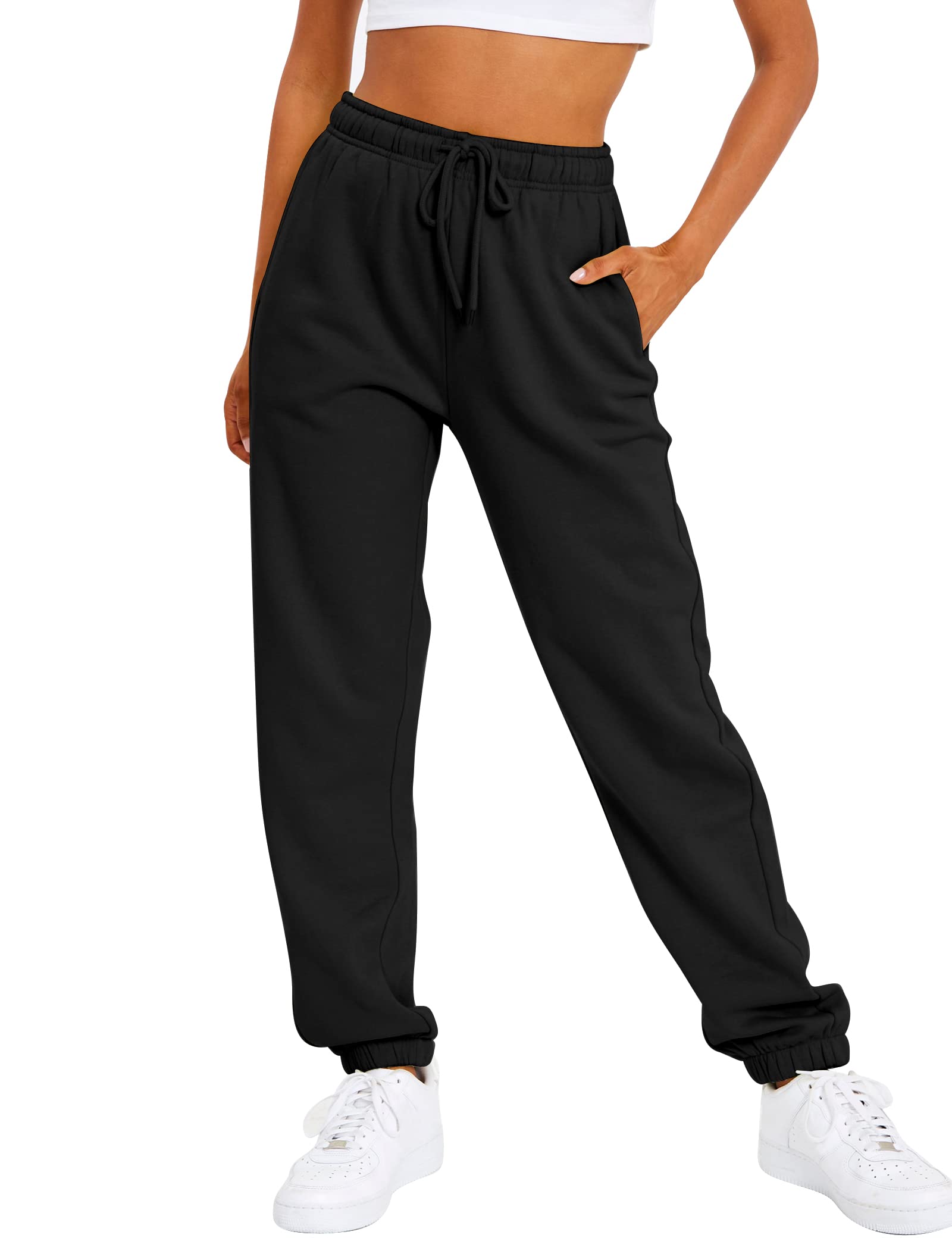 AUTOMET Womens Sweatpants Fleece Lined Fall Outfits Baggy High Waisted Straight Leg Sweat Pants 2025 Drawstring Winter Burnt Casual Athletic Lounge Joggers Black M