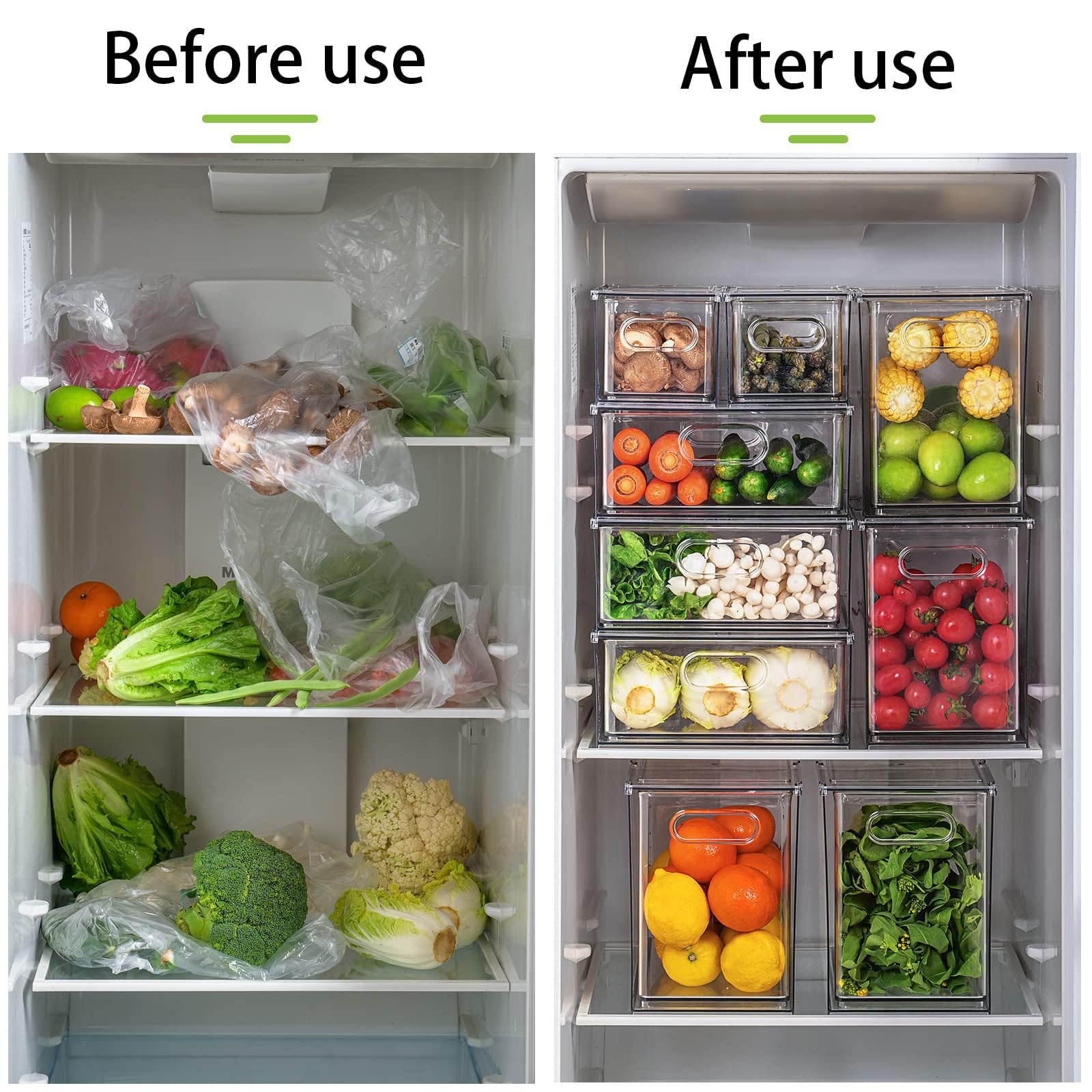 Mano Fridge Drawer Pull Out Stackable Bins with Handle Clear Refrigerator Drawers Organizer Food Storage Container Box with Dividers Plastic Produce Saver for Pantry, Cabinet, Kitchen, Clothes(4Pack)