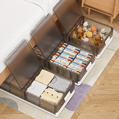 XIYAO 2 Pack under bed storage containers with wheels,60Qt plastic Stackable Collapsible storage bins with Dual-Hinged Lids for Bedroom Clothes Shoes Blankets(6.9" H)