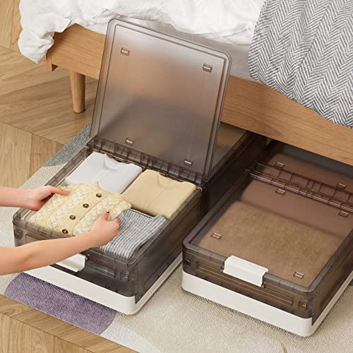 XIYAO 2 Pack under bed storage containers with wheels,60Qt plastic Stackable Collapsible storage bins with Dual-Hinged Lids for Bedroom Clothes Shoes Blankets(6.9" H)