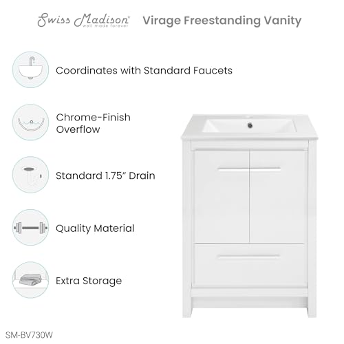 Swiss Madison Virage 24" Freestanding, Bathroom Glossy White Bath Vanity