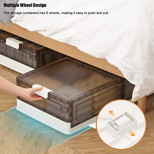XIYAO 2 Pack under bed storage containers with wheels,60Qt plastic Stackable Collapsible storage bins with Dual-Hinged Lids for Bedroom Clothes Shoes Blankets(6.9" H)