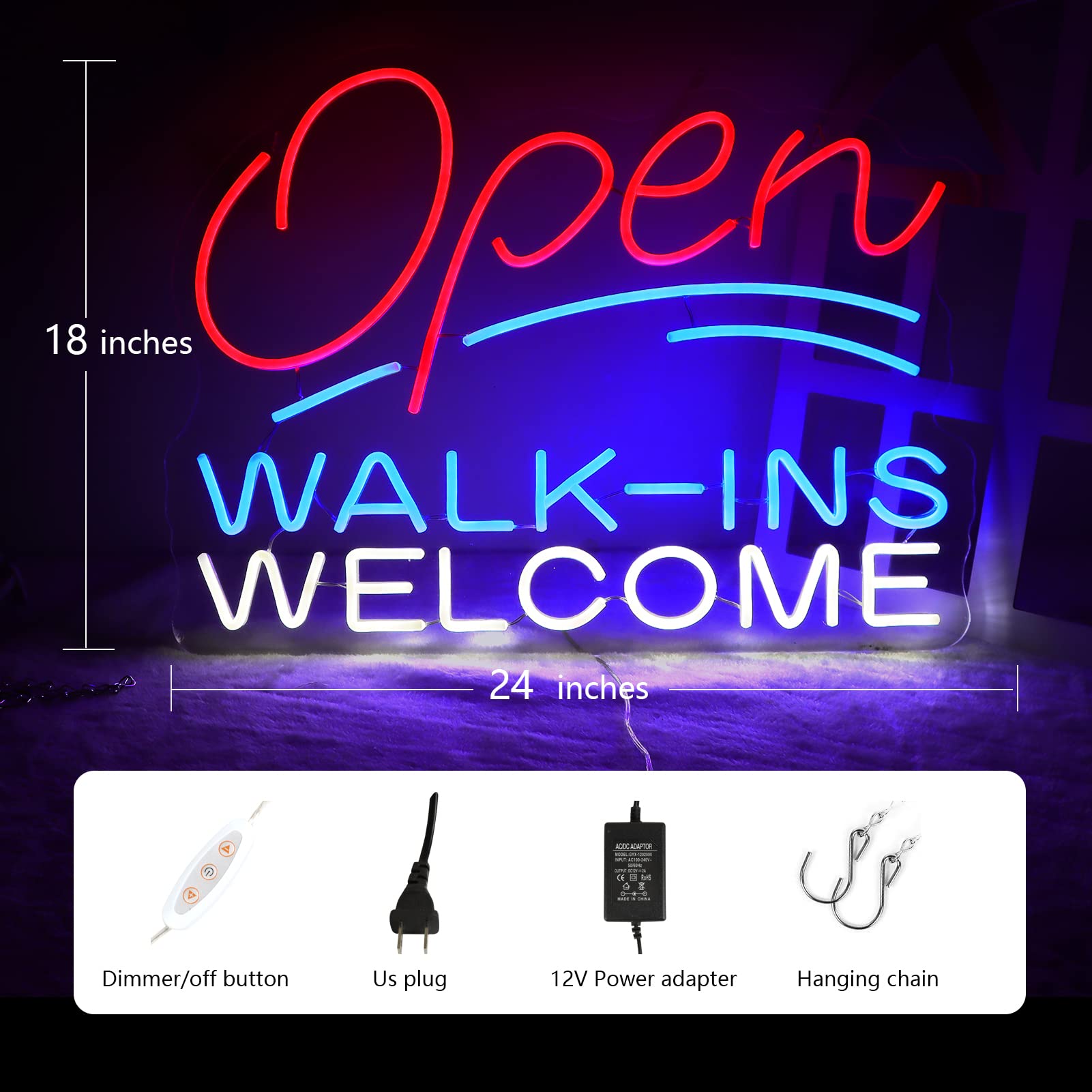 Vinray Large Open Walk Ins Welcom Neon Sign,Led Open Business Signs for Shop Bar Club Pub.Super Bright Light Red Open for Barber Shop or Restaurant,12V Powered.