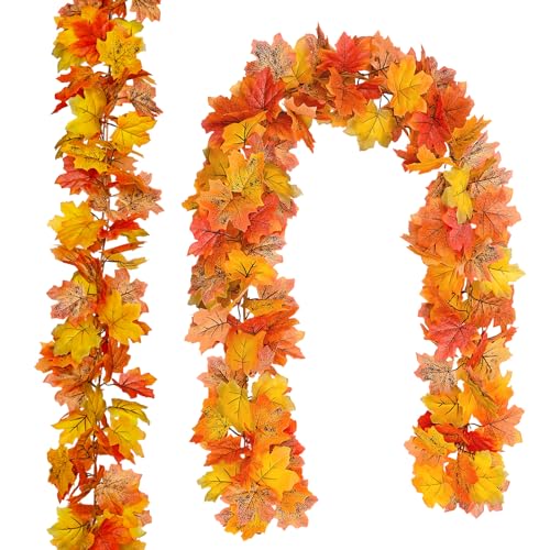 Dolicer 2 Packs 12Ft Fall Garland Maple Leaf, Fall Foliage Garland, Artificial Fall Hanging Garland Vine with Special Pumpkin Sign for Thanksgiving Door Fireplace Party Home Decor