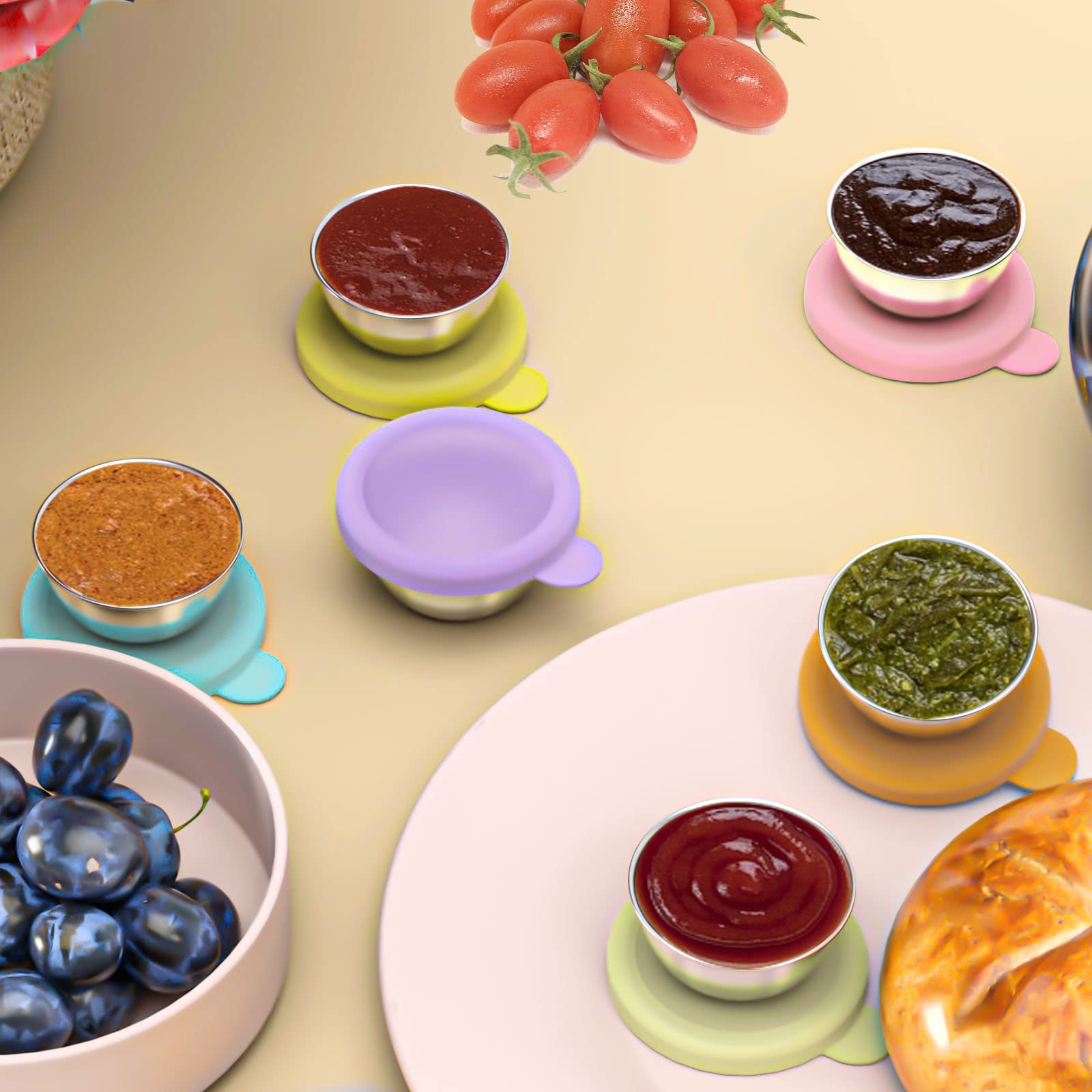 6 PCS 1.6 oz Salad Dressing Container To Go,Stainless Steel Condiment Containers with Leakproof Silicone Lid Reusable Condiment Sauce Cups with Lids Small Dipping Sauce Cups Container for Lunch Box