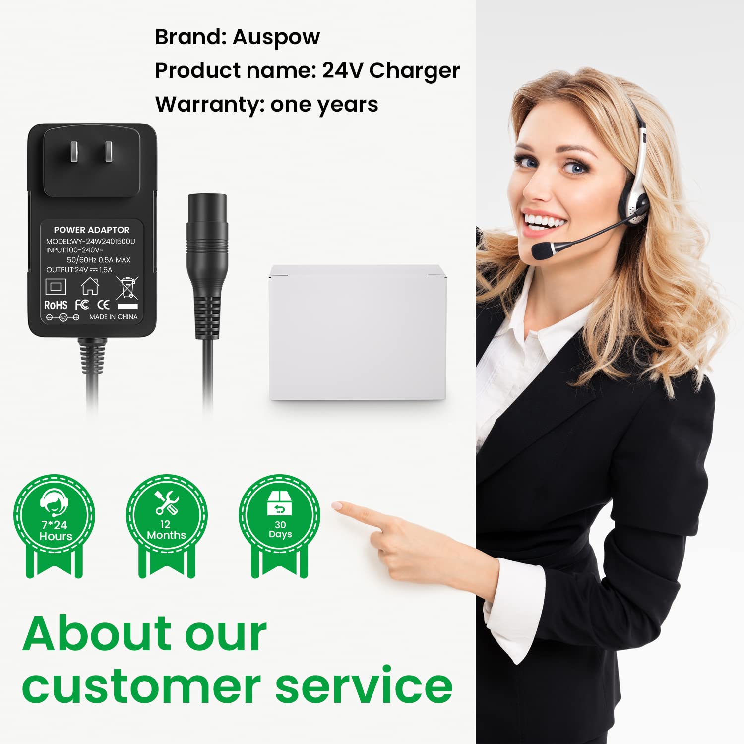 Auspow 24V Power Supply for Razor MX350, Dirt Quad, Pocket Mod, E200, E300, PR200, E100, E500, and Sports Mod, 3-Prong 24V 1.5A Adapter Power Cord Replacement for Part# W13112099014