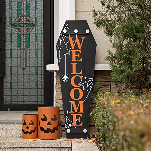 Glitzhome 42" H Halloween WELCOME Sign Porch Decor Rustic Wooden Vertical Hanging Signs or Standing Decorative Signs Plaques for Front Door Farmhouse Outdoor Indoor Coffin Wall Craft Decor