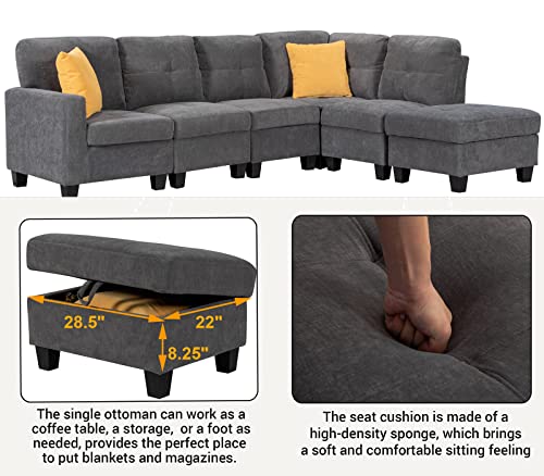 Flesser Sectional Sofa Couch with Storage Ottoman Modular Sofa Couch Reversible 6 Seater Velvet Fabric L Shape Sectional Couch for Living Room, Apartment,Home Office with Pillows (Dark Grey)
