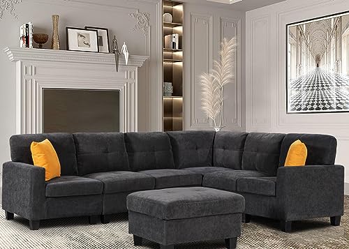 Flesser Sectional Sofa Couch with Storage Ottoman Modular Sofa Couch Reversible 6 Seater Velvet Fabric L Shape Sectional Couch for Living Room, Apartment,Home Office with Pillows (Dark Grey)