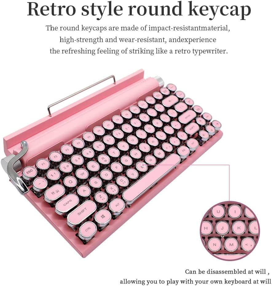 Adventurers Typewriter Keyboard,Bluetooth Wireless Keyboard with 83 Keys Hot Swappable Blue Switch/Round Keycaps/White Backlit/Compact 75% Layout Wired Keyboard for Windows/Mac/PC/Laptop/ipad,Pink