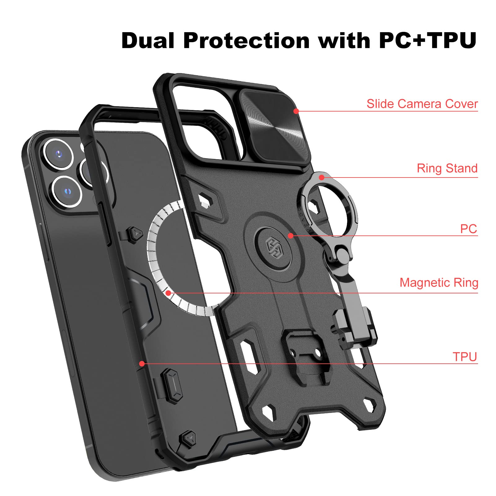 Nillkin Case for iPhone 13 Pro Max Case with Stand, Slide Camera Cover, Military Grade Shockproof Portective Case Compatible with MagSafe Wireless Charger&MagSafe Car Mount Holder, Black