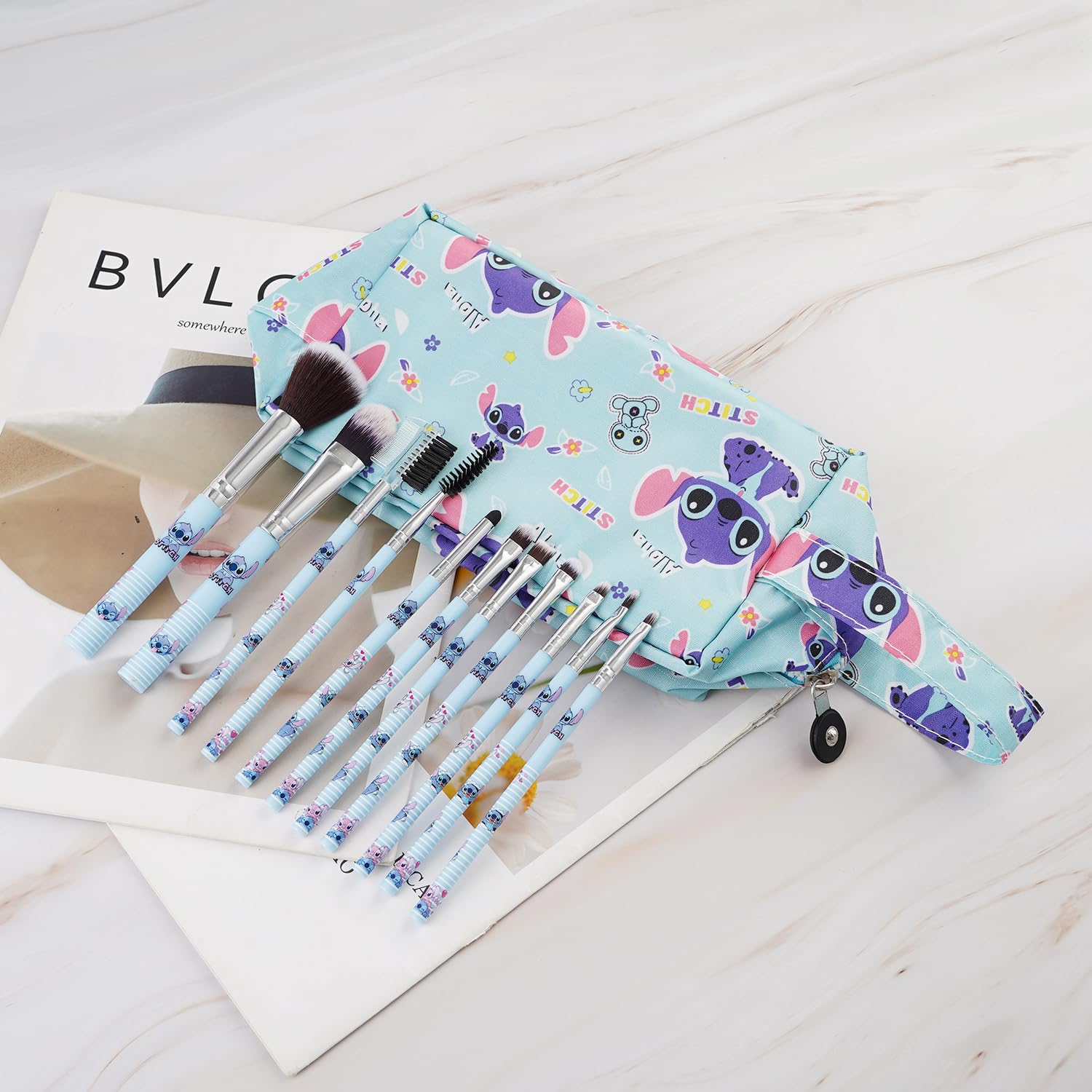 U-CHYTY Cartoon Kitty Makeup Bag with Makeup Brush Plush Stitch Cosmetics Case 8 Pcs Cosmetic Brush Kawaii Capacity Bag for Women -5