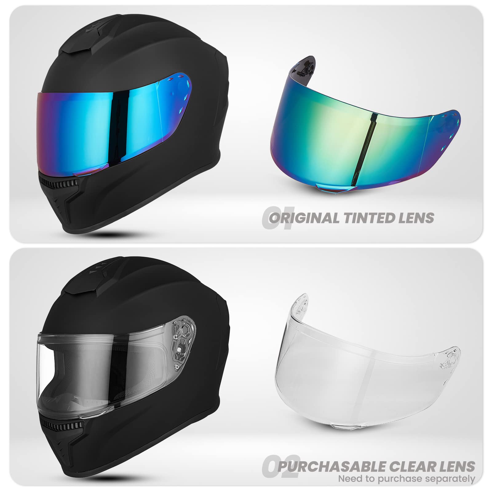 AUBOA Full Face Motorcycle Helmets for Adults Men and Women DOT Street Bike Racing Helmet with Tinted Visor Model MD-813 (Matte Black, L)