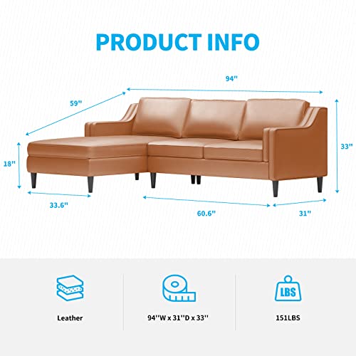Mjkone Top Grain Leather Sectional Sofa Couch, Luxurious Upholstered Couches with Left Facing Chaise, Modular Lounge & 2-Seater Couch Set for Living Room Apartment Office (Cognac Tan)