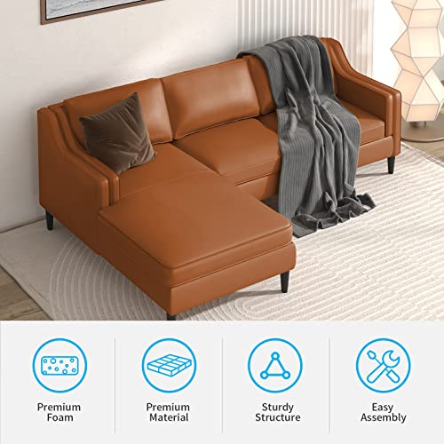 Mjkone Top Grain Leather Sectional Sofa Couch, Luxurious Upholstered Couches with Left Facing Chaise, Modular Lounge & 2-Seater Couch Set for Living Room Apartment Office (Cognac Tan)