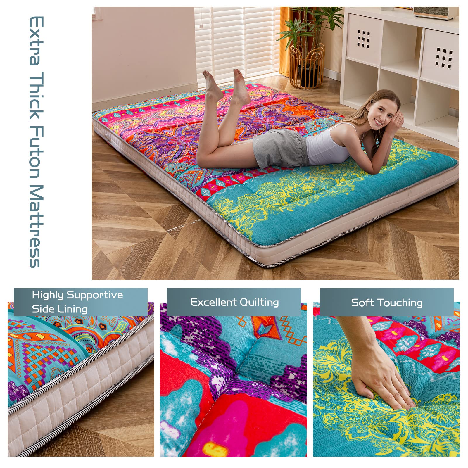 MAXYOYO Queen Futon Floor Mattress Shikibuton Mattress Sleeping Mats for Adults Japanese Mattress Roll Up Mattress Foldable Mattress for Floor, Bohemian B