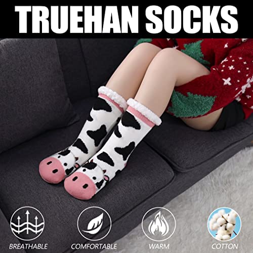 TRUEHAN Slipper Socks for Womens with Grippers Non Slip Winter Warm Fuzzy Fluffy Home Socks (White Cow)