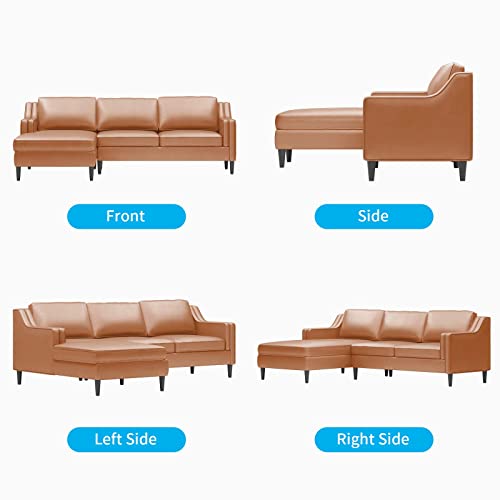 Mjkone Top Grain Leather Sectional Sofa Couch, Luxurious Upholstered Couches with Left Facing Chaise, Modular Lounge & 2-Seater Couch Set for Living Room Apartment Office (Cognac Tan)