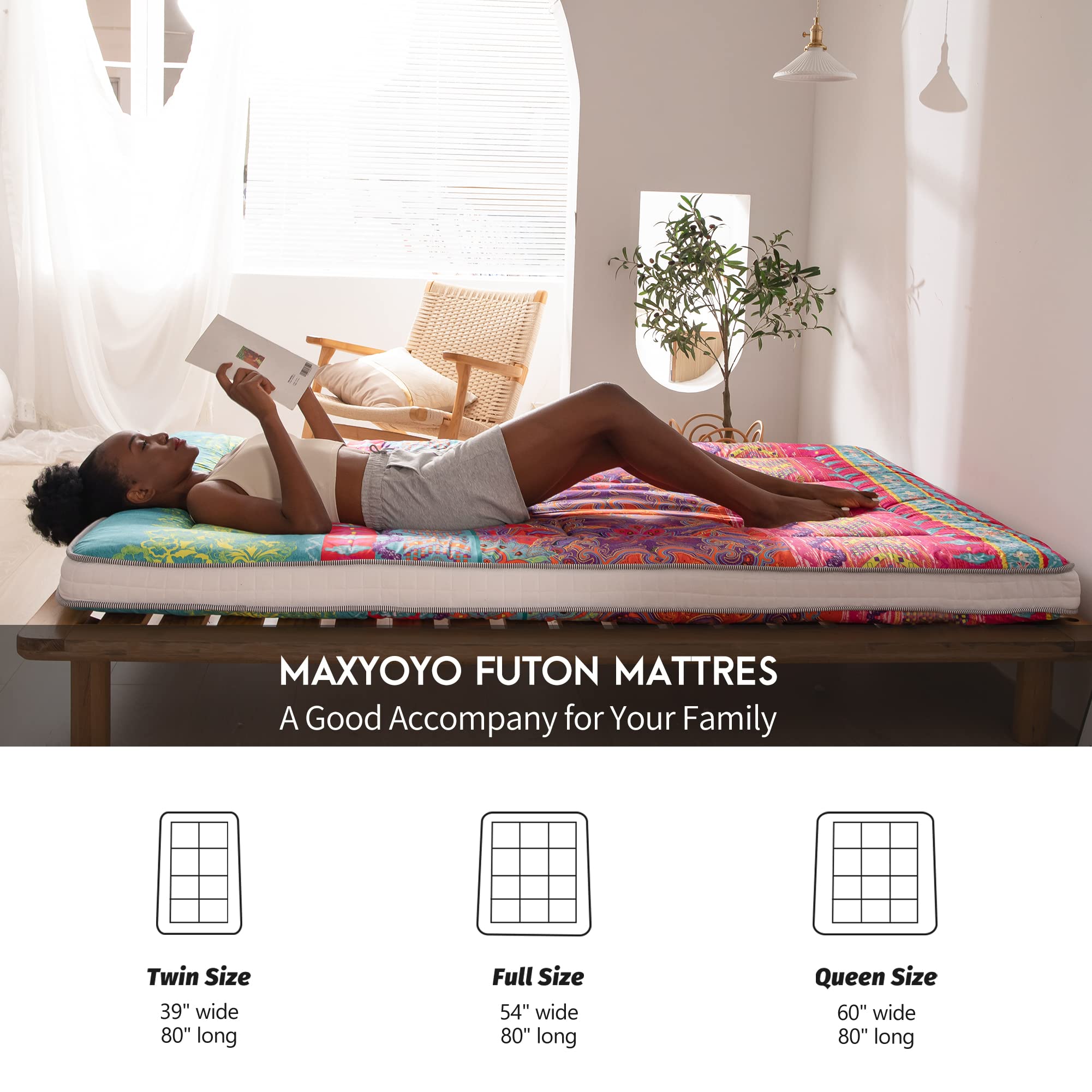 MAXYOYO Queen Futon Floor Mattress Shikibuton Mattress Sleeping Mats for Adults Japanese Mattress Roll Up Mattress Foldable Mattress for Floor, Bohemian B