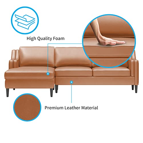 Mjkone Top Grain Leather Sectional Sofa Couch, Luxurious Upholstered Couches with Left Facing Chaise, Modular Lounge & 2-Seater Couch Set for Living Room Apartment Office (Cognac Tan)
