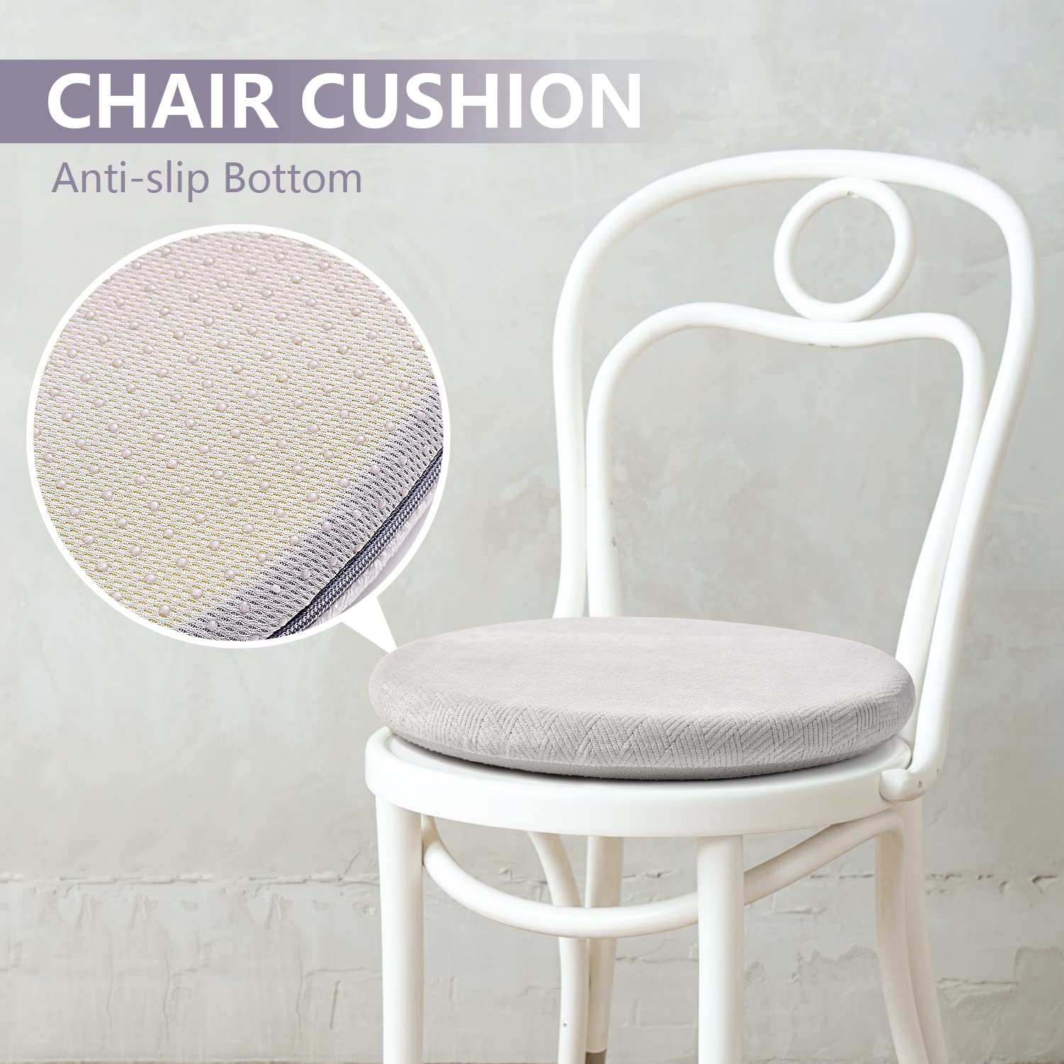 Round Memory Foam Chair Cushion Circle Bar Stool Pad Detachable Chair Seat Cushion with Removable Cover and Rubber Back Anti Slip Kitchen Dining Chair Pad 15 Inches Grey