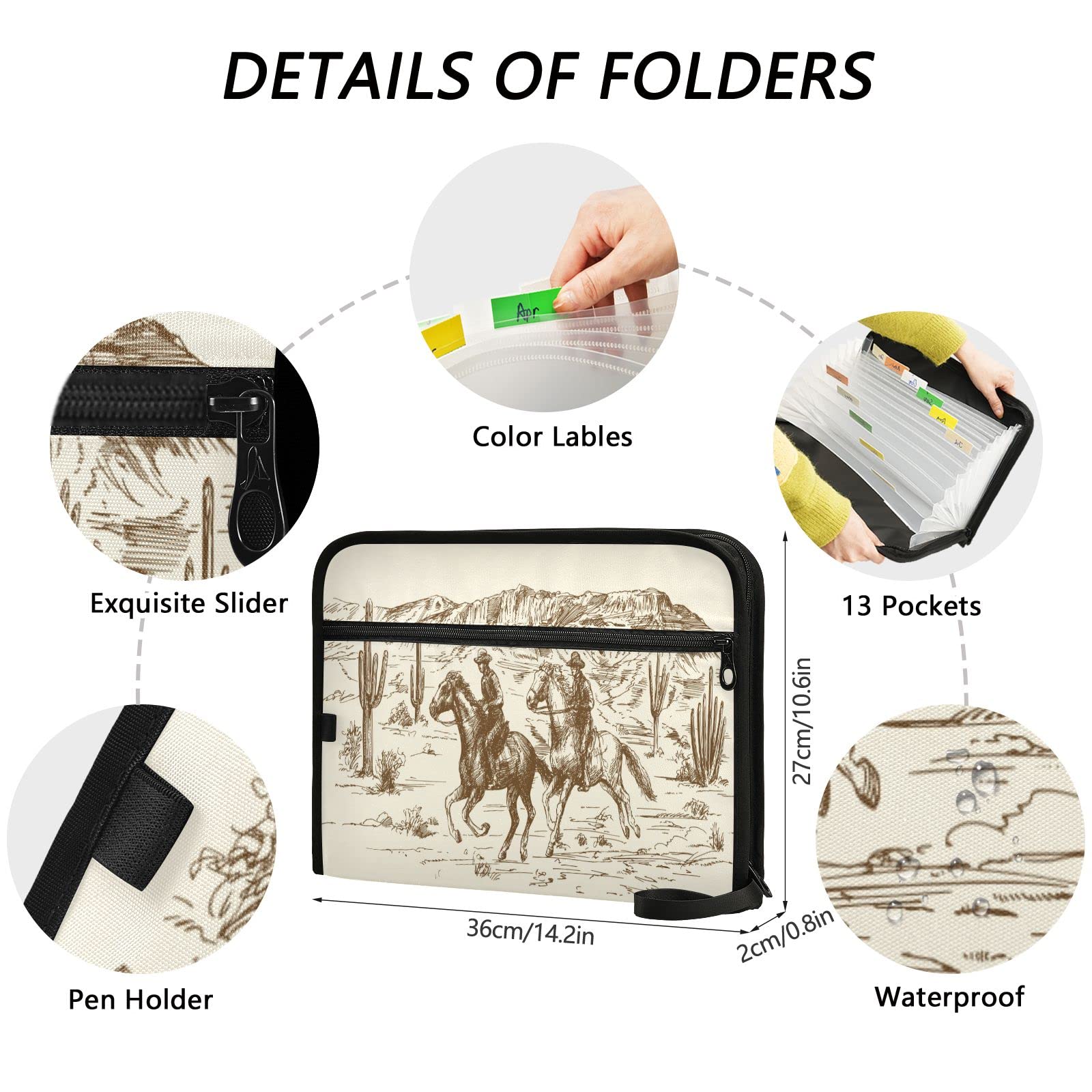 Kcldeci Expanding File Folder 13 Pocket American Wild Western Desert Cowboy Accordion File Folder Document Organizer Expanding Zip File Folder with Zipper Closure Letter A4 Paper Document Accordion Fo