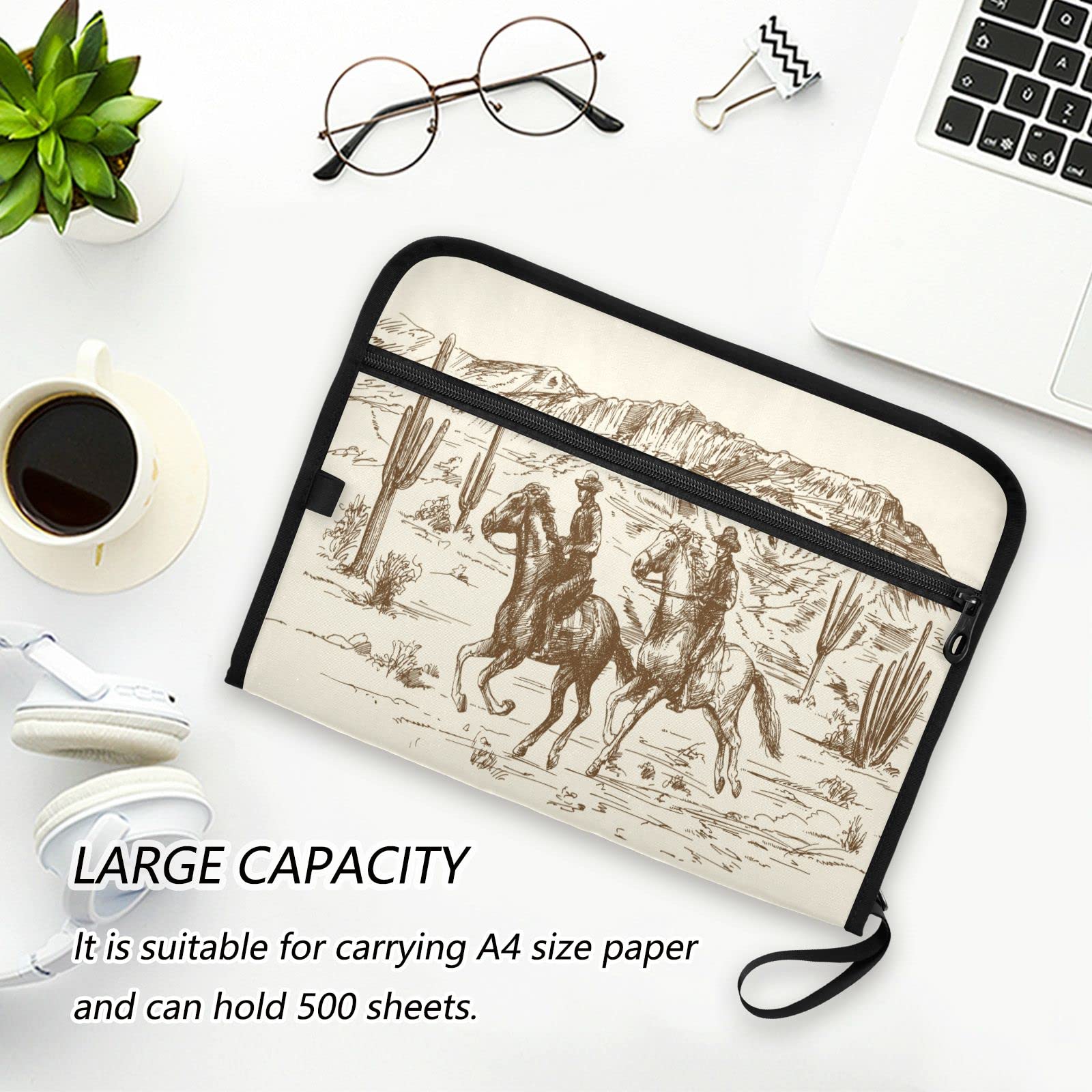 Kcldeci Expanding File Folder 13 Pocket American Wild Western Desert Cowboy Accordion File Folder Document Organizer Expanding Zip File Folder with Zipper Closure Letter A4 Paper Document Accordion Fo