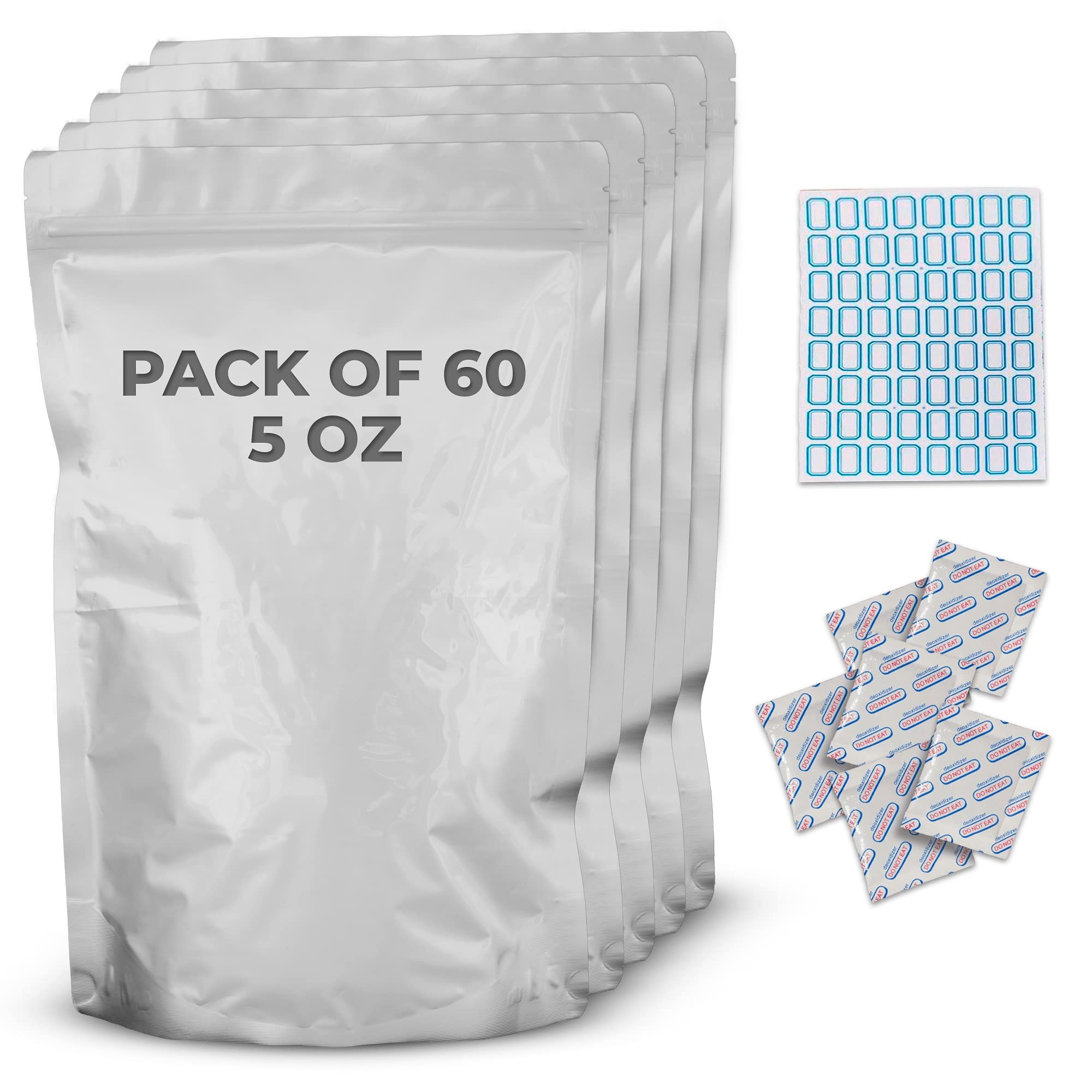 DINNESTY 60PCS 5 Oz 3" x 4" Inch Mylar Bags for Food Storage with Extra 7.2 MIL Thickness Heat Sealable Zipper Stand-Up Long Term Mylar Food Storage Bags with Oxygen Absorbers 300CC and Labels