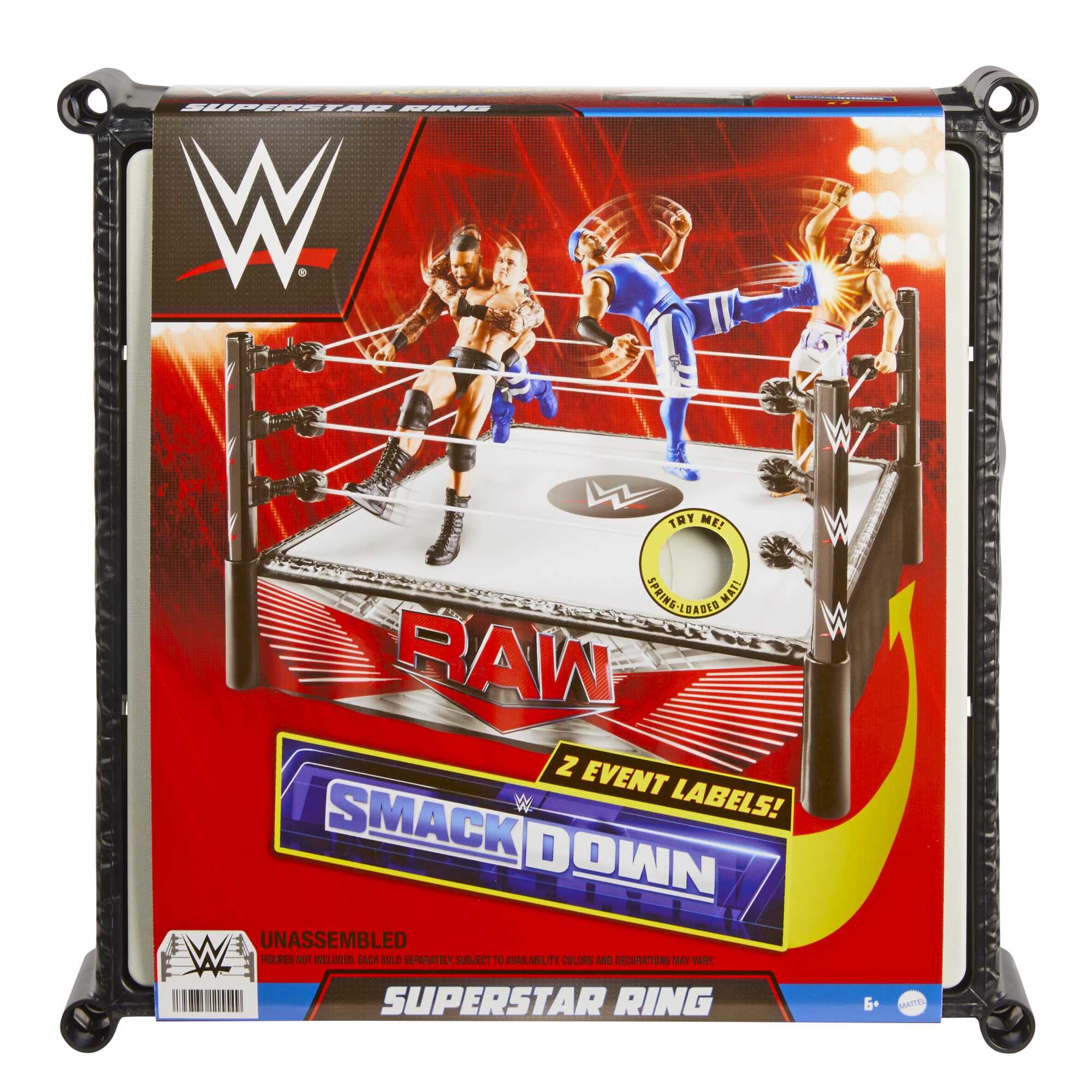 Mattel WWE Superstar Ring, 14 inches with Spring-Loaded Mat, 4 Event Apron Stickers & Pro-Tension Ropes for WWE 6-inch Action Figures