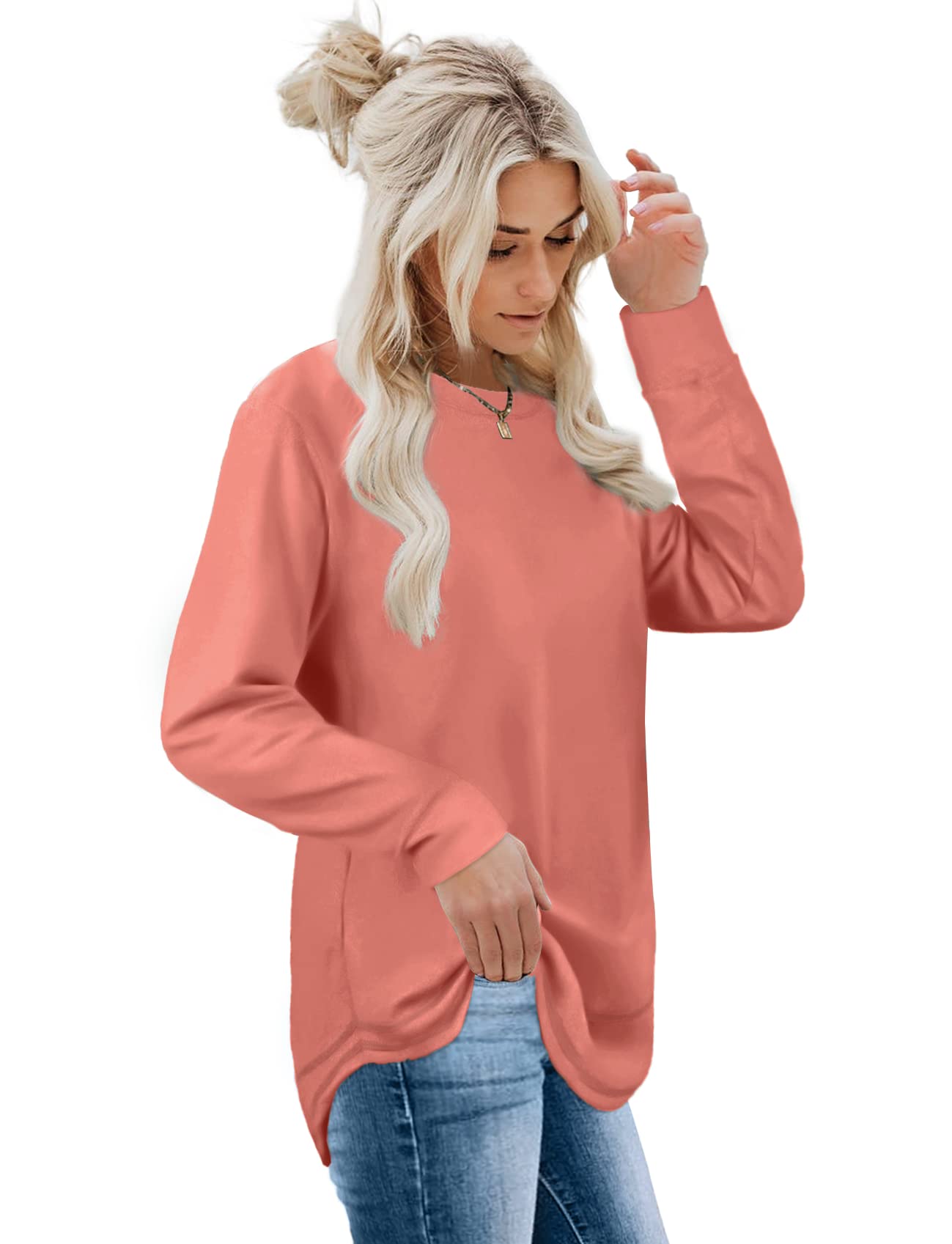 Dofaoo Oversized Sweatshirt for Women Crewneck Lightweight Cute Long Sleeve Tunic Tops Coral XL