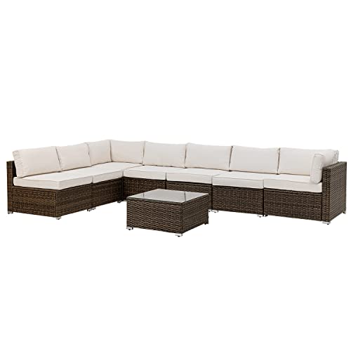 HOMPUS 8-Piece Outdoor Handwoven PE Rattan Wicker L-Shaped Corner Conversation Set Furniture Brown Patio Sectional Sofa Set w Beige Seat Cushions, Glass Coffee Table for Garden,Backyard,Pool