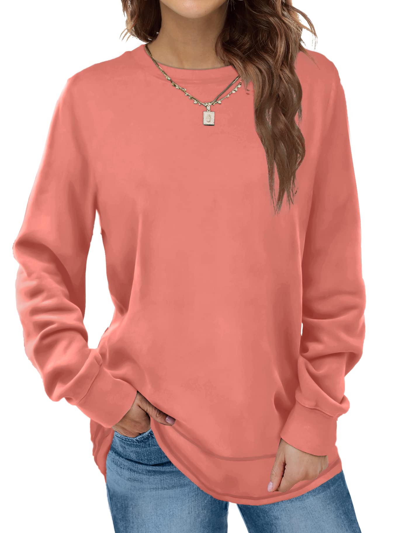 Dofaoo Oversized Sweatshirt for Women Crewneck Lightweight Cute Long Sleeve Tunic Tops Coral XL